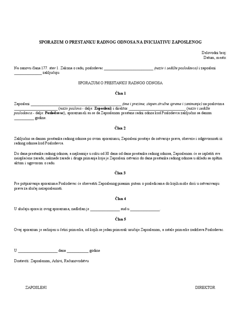 Sporazum o Prestanku Radnog Odnosa Na Inicijativu Zaposlenog | PDF