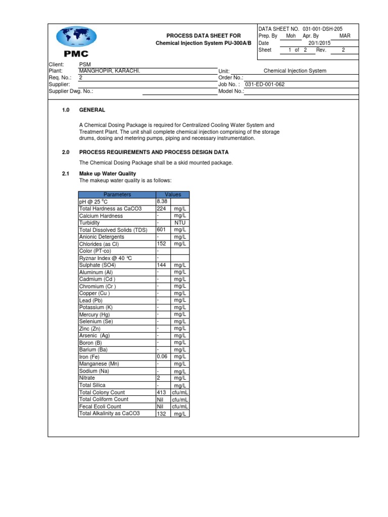 Process Data Sheet For Chemical Injection System PU-300A/B | PDF ...