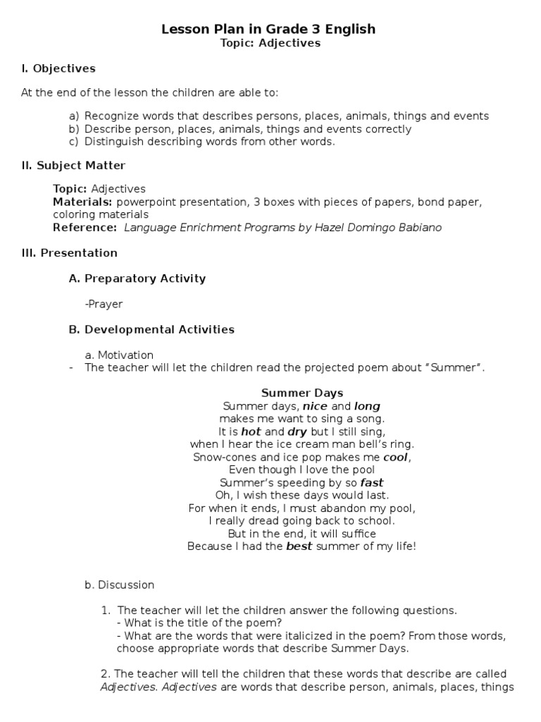 Lesson Plan in Grade 3 English: Adjectives. Adjectives Are Words That ...
