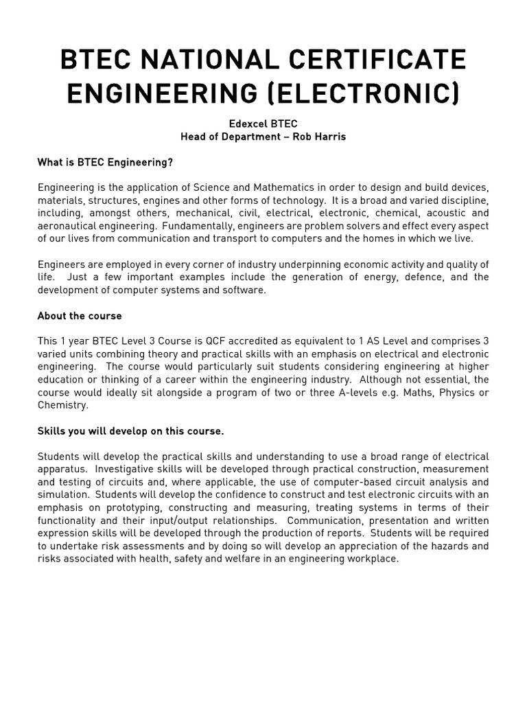 Engineering National Certificate Btec | PDF | Engineer | Engineering