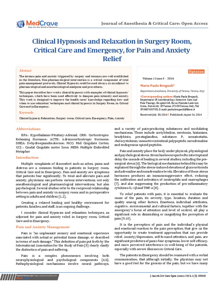 Clinical Hypnosis and Relaxation in Surgery Room | PDF | Pain | Hypnosis