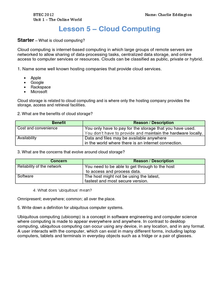 5 Cloud Computing Worksheet | PDF | Cloud Computing | Computer Architecture