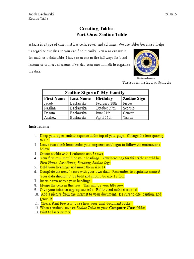 Zodiac Table Creation Instructions | PDF | Language Arts & Discipline