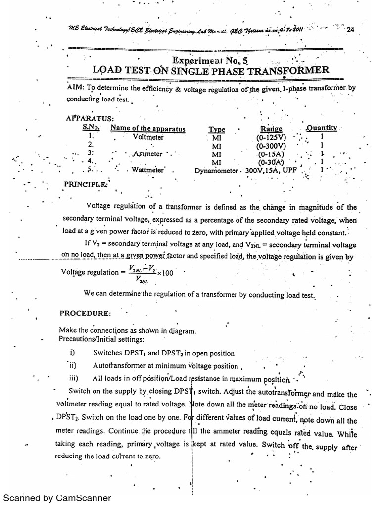 Load Test On Single Phase Transformer | PDF