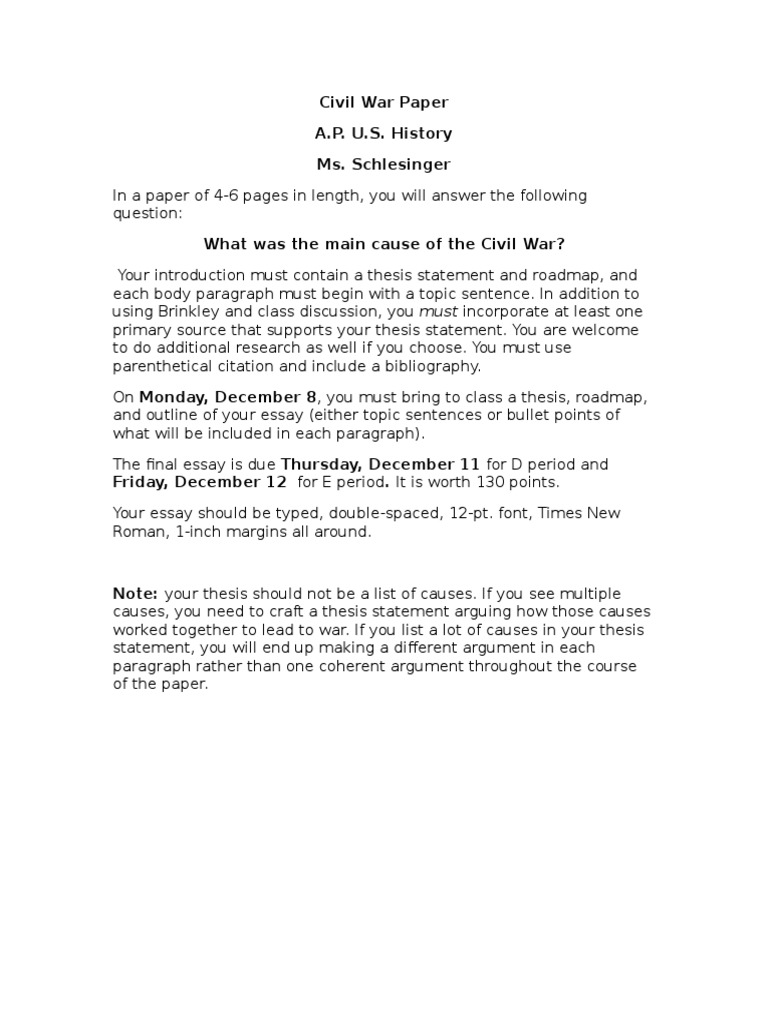 Civil War Paper A.P. U.S. History Ms. Schlesinger | PDF | Language Arts ...