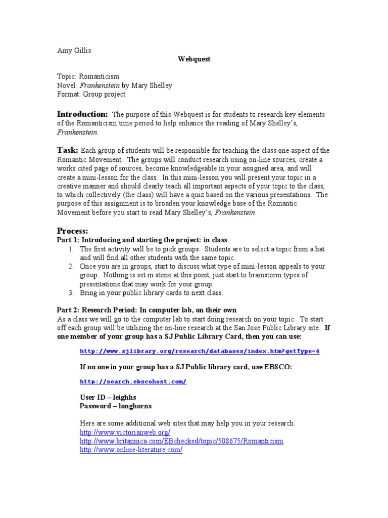 Romanticism Webquest | PDF | Frankenstein | Romanticism