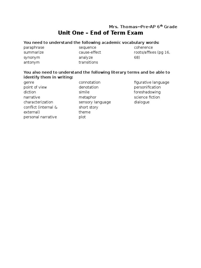 Unit One - End of Term Exam: You Need To Understand The Following ...