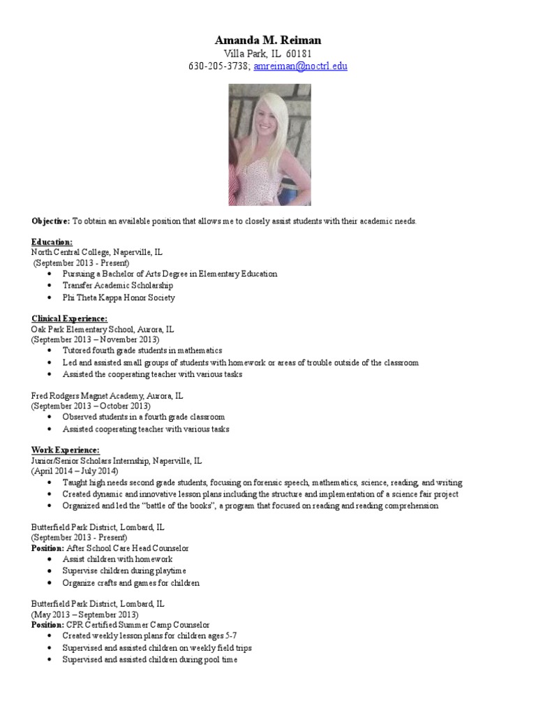 Amanda Reiman's Education & Experience Resume | PDF | Wellness