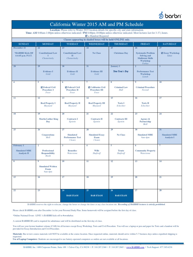 Barbri Winter 2015 California Bar Exam Review Schedule | Download Free ...