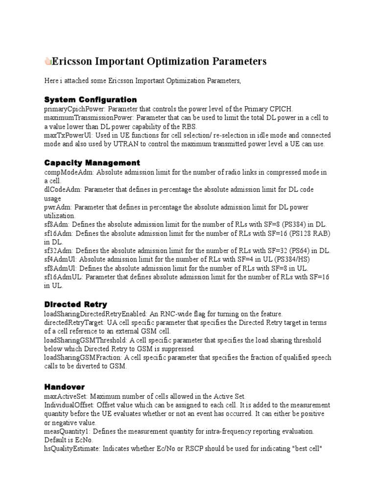 Ericsson Important Optimization Parameters | PDF | High Speed Packet Access | Network Congestion