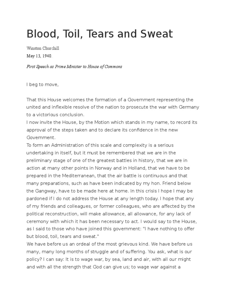 Blood, Toil, Tears and Sweat: First Speech As Prime Minister To House ...