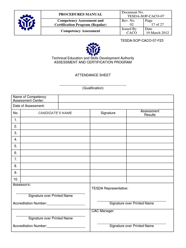 TESDA NEW Attendance Sheet | PDF