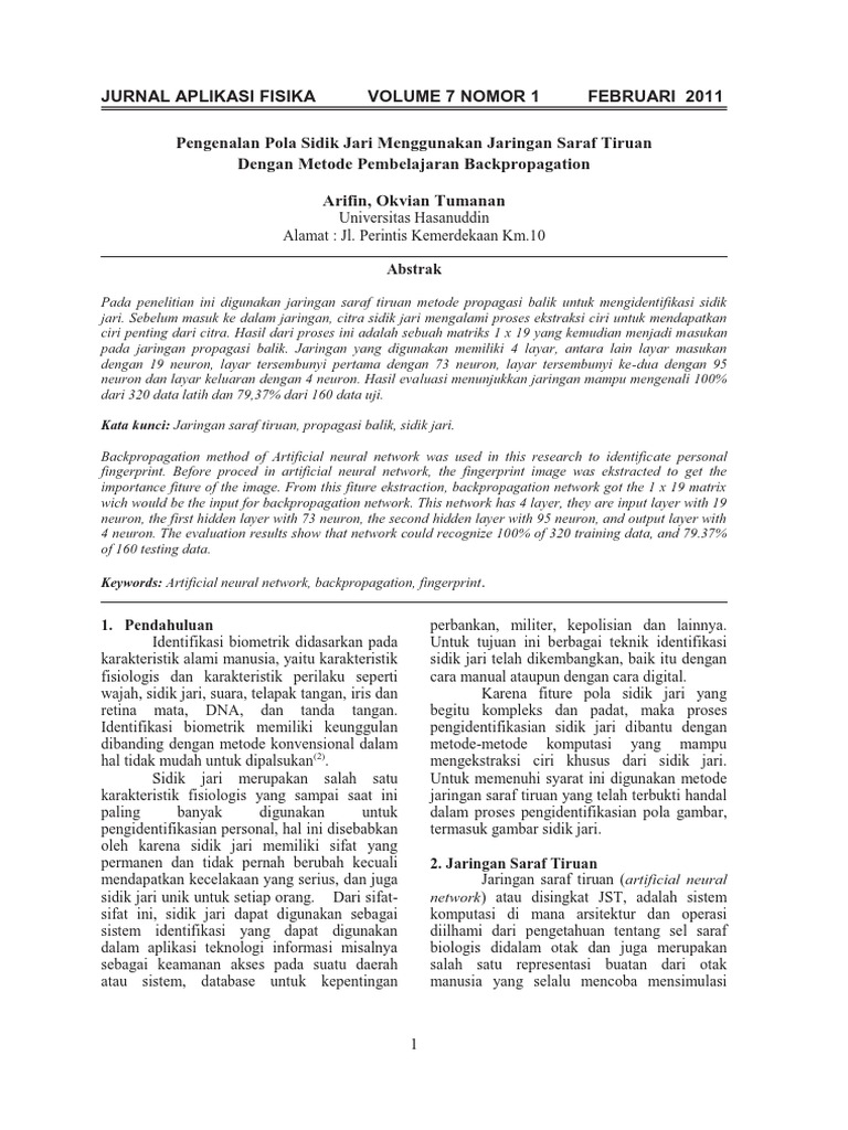 Pengenalan Pola Sidik Jari Menggunakan JST Dengan Metode Pembelajaran Backpropagation | PDF