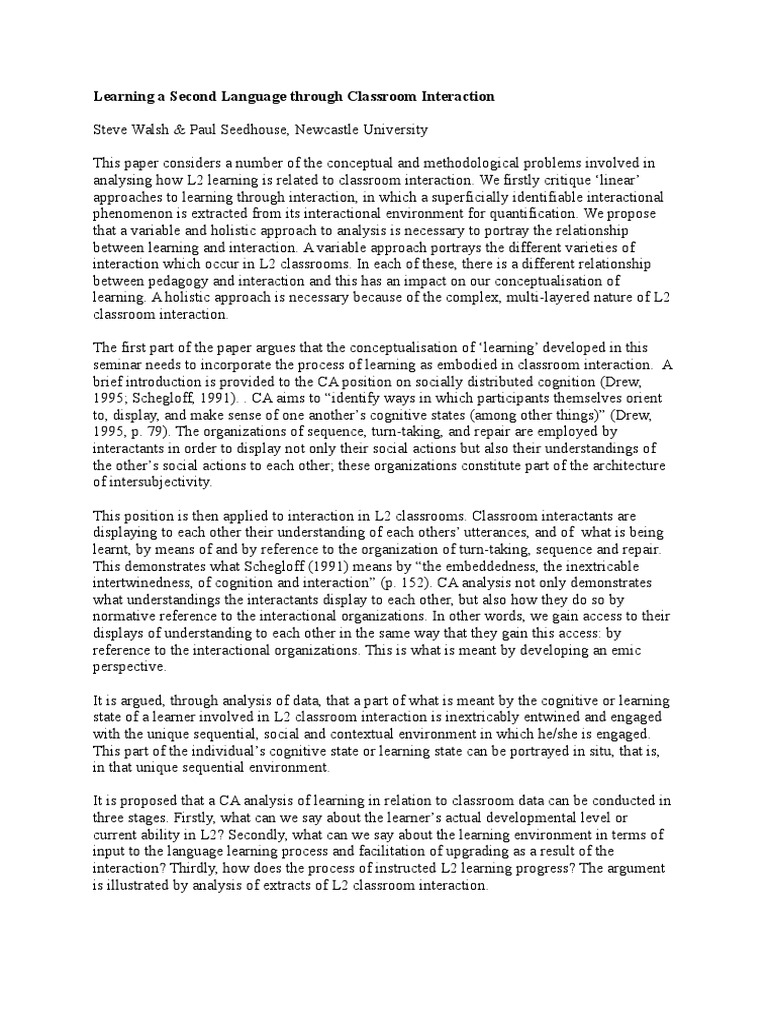 Classroom Interaction in L2 Learning | PDF | Second Language | Learning