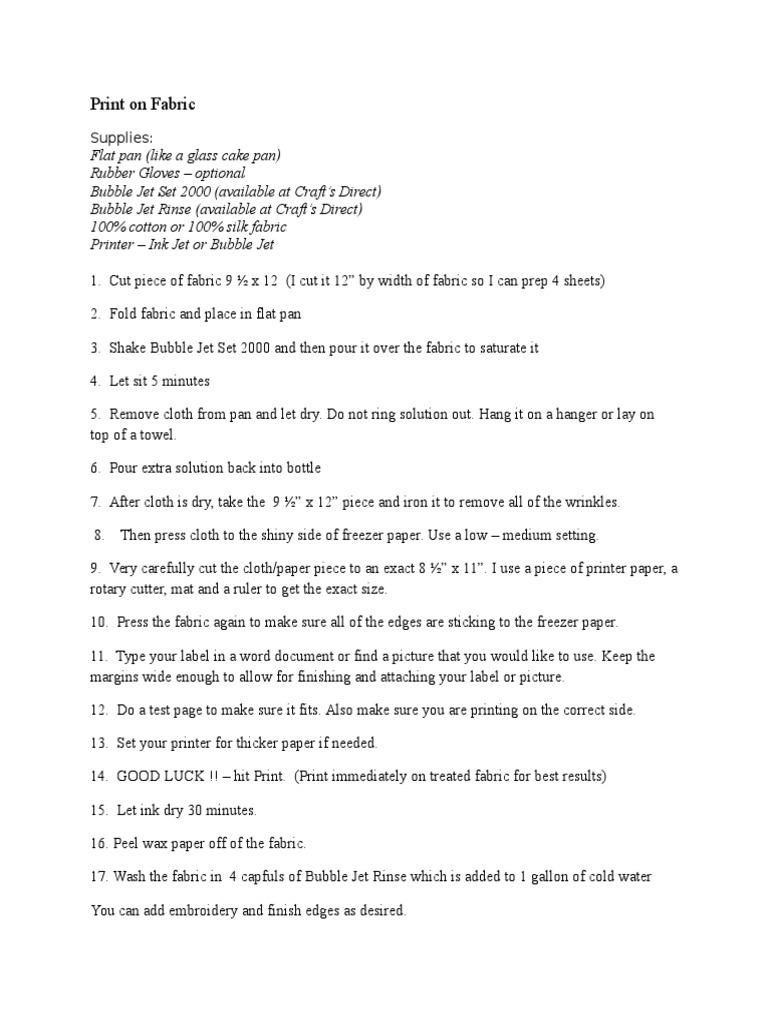 Using Bubble Jet Set 2000 on Fabric | PDF