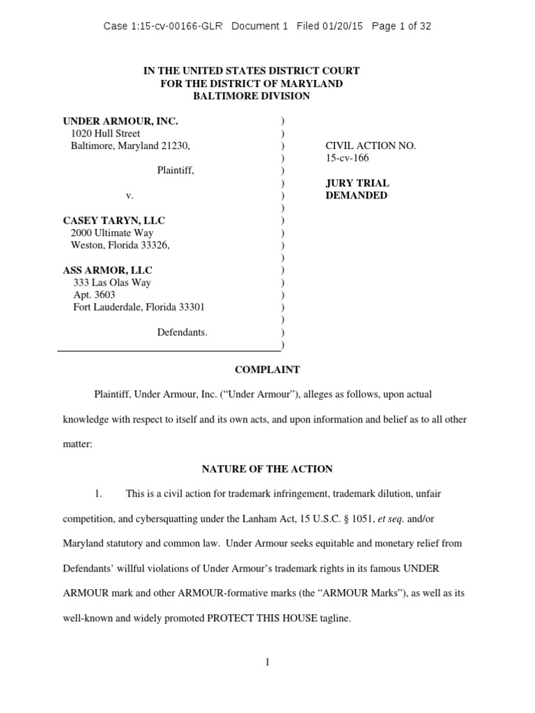 Under Armour v. Taryn - Ass Armor, Protect Your Assets Trademark ...