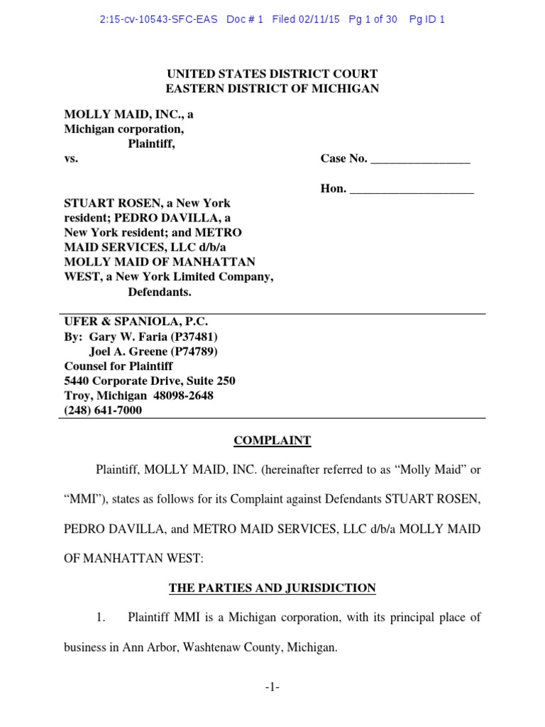 Molly Maid v. Rosen - Trademark Breach of Franchise Agreement Complaint ...