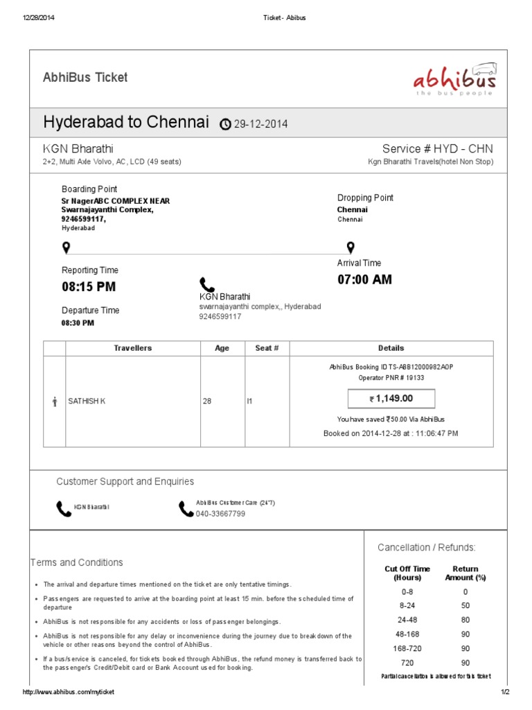Hyderabad to Chennai Bus Ticket Details | PDF