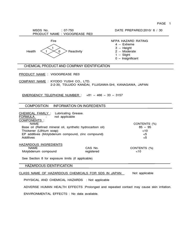 Vigogrease Re0 Msds 07-750 1 | PDF | Toxicity | Chemistry