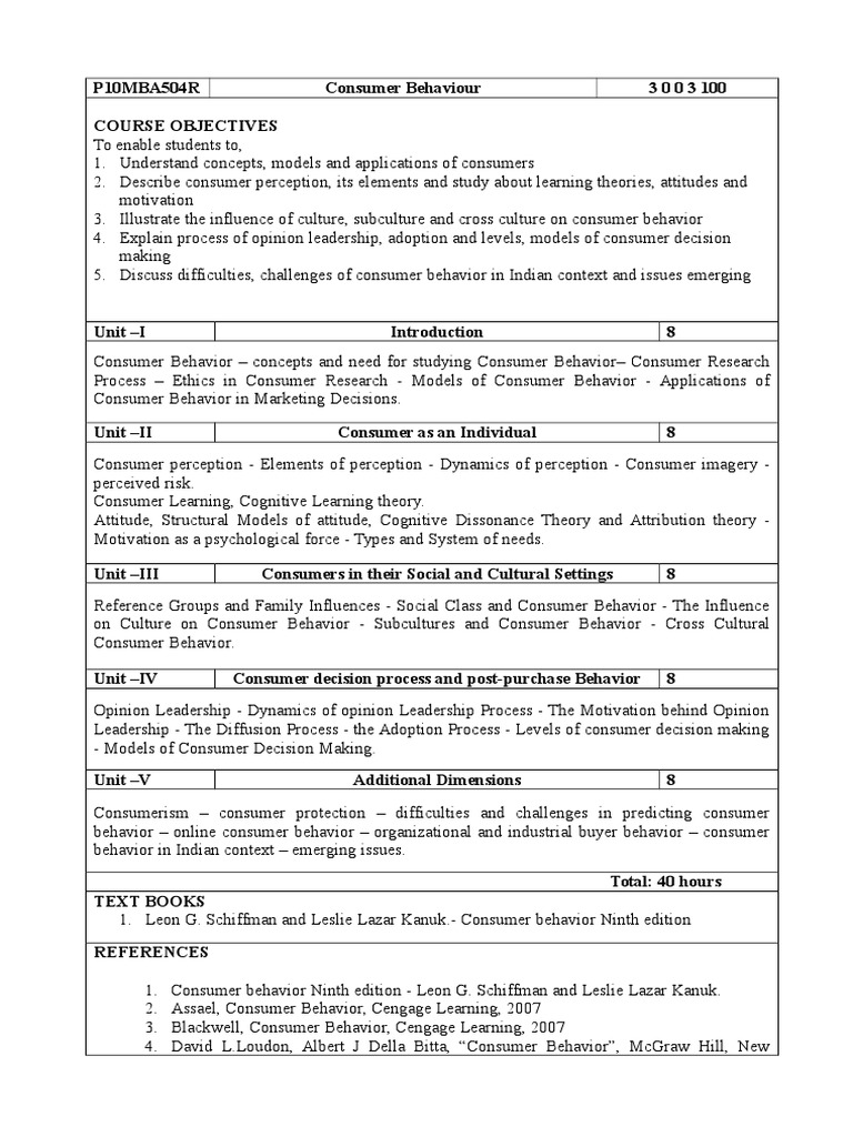 Consumer Behaviour Syllabus | PDF | Consumer Behaviour | Attitude ...