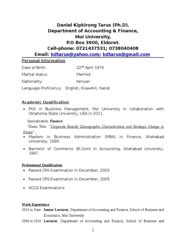 Academic Profile: Dr. Daniel Tarus | PDF | Postgraduate Education | Kenya