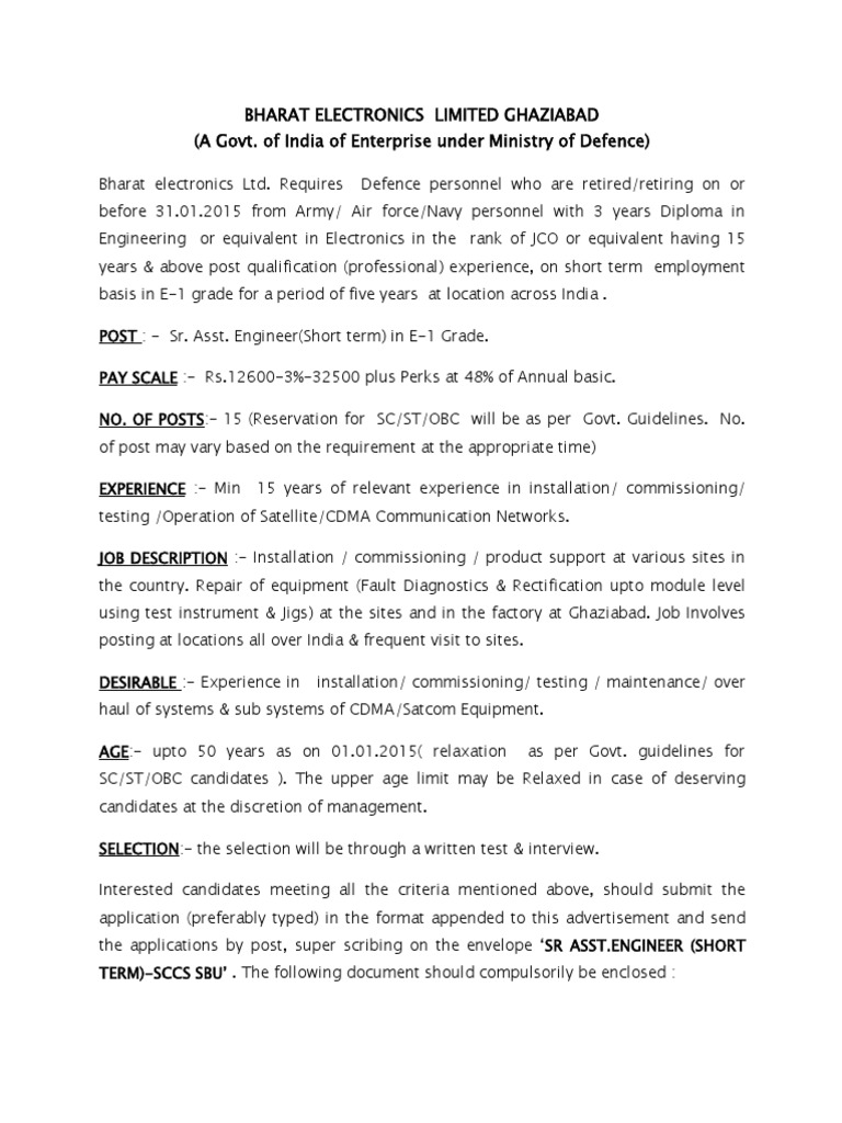 Bharat Electronics Limited Ghaziabad (A Govt. of India of Enterprise ...