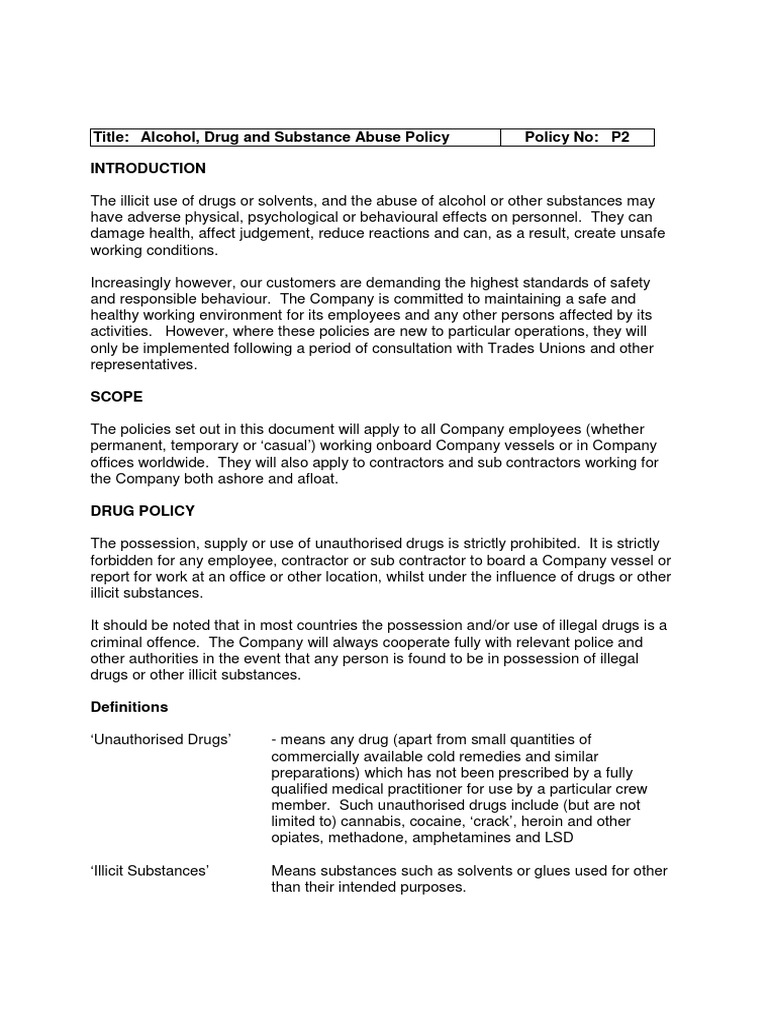 Drug and Alcohol Policy | PDF | Substance Abuse | Alcoholic Drinks