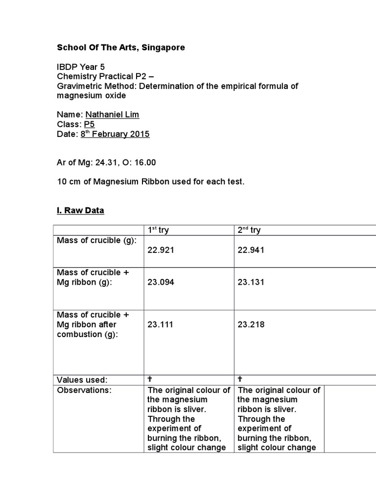 Chemistry Lab Report - MG Ribbon - Final (NEEDS To BE AMENDED) | PDF ...