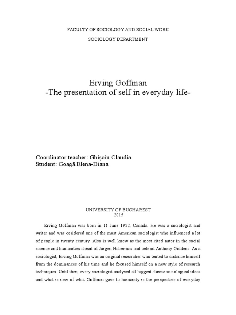 Erving Goffman - The Presentation of Self in Everyday Life | PDF
