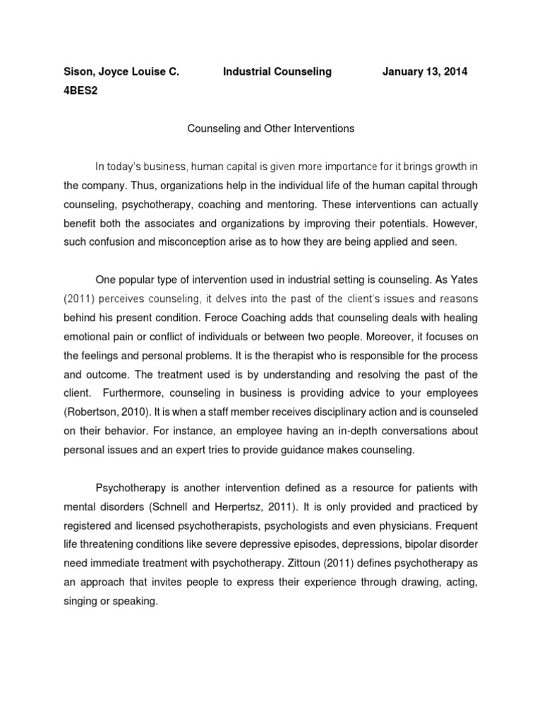 Industrial Counseling HW | Psychotherapy | Mentorship