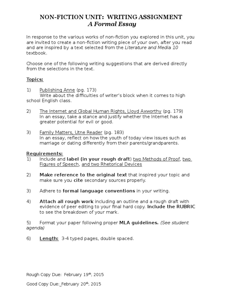 Non-Fiction Essay Writing Assignment and Rubric | PDF | Critical ...