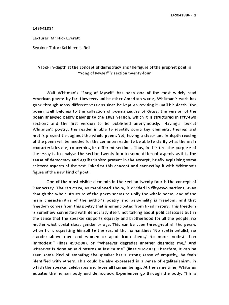 Democracy and the Poet in Whitman | PDF | Leaves Of Grass | Walt Whitman