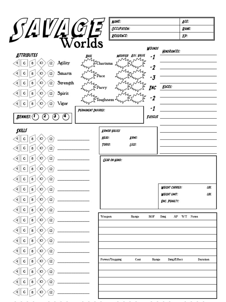 Savage Worlds ExEd Character Sheet | PDF | Gaming | Leisure Activities