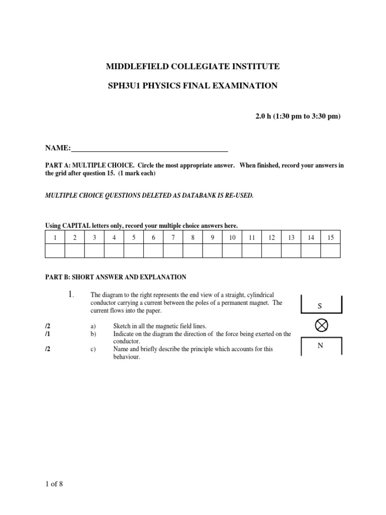Physics Final Exam for Middlefield Collegiate Institute: Document ...