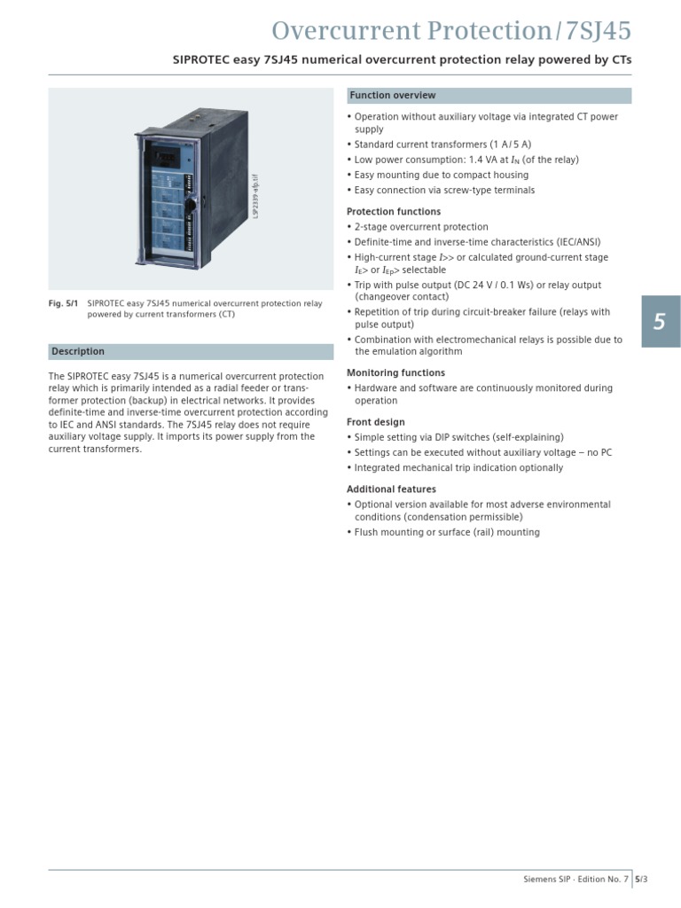 Siemens 7SJ45 Overcurrent Relay Overview | PDF | Relay | Hertz