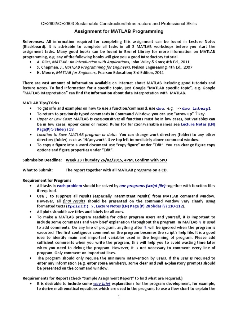 Matlab Programming Assignment 2014 Civil Engineering | PDF | Matlab | Equations