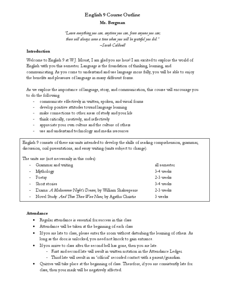 English 9 Course Outline | PDF | Academic Term | Educational Assessment