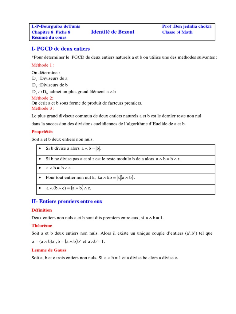 Fiche Identité de BEZOUT | PDF | Entier naturel | Algèbre générale