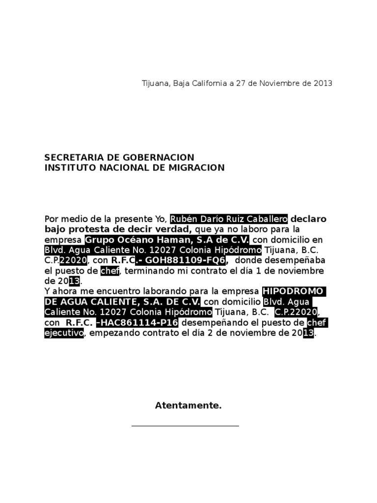 Carta Bajo Protesta de Decir Verdad Cambio de Empresa INM | PDF