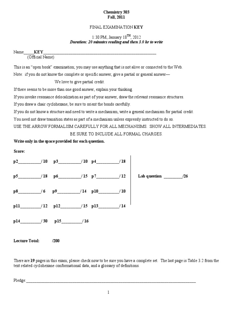 Chemistry 303 Final Exam Key | PDF | Conformational Isomerism | Proton ...