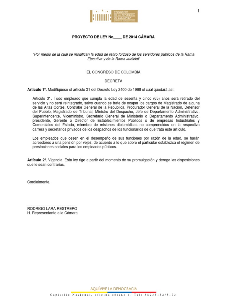 Proyecto de Ley 85 de 2014 Edad de Retiro Forzoso | Jubilación ...