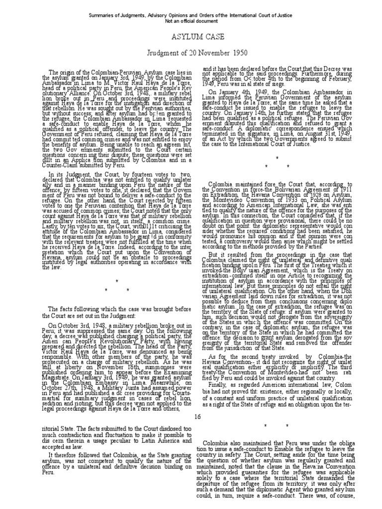 7 - Asylum Case (Summary) | PDF | Refugee | International Law