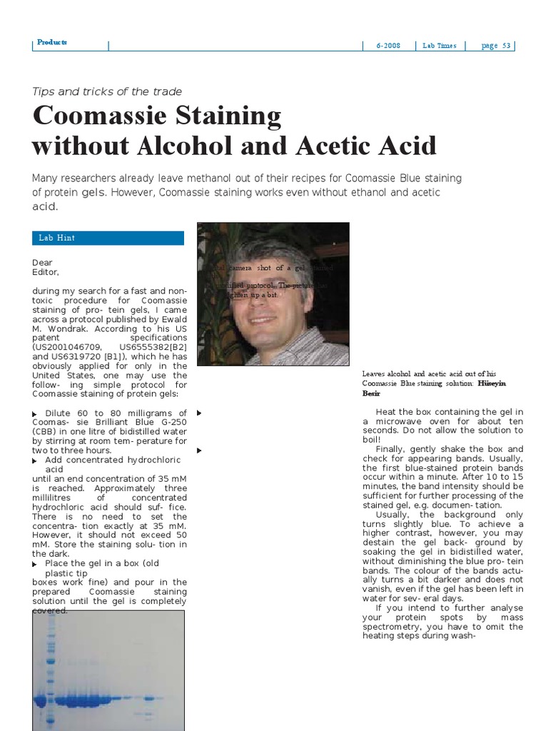 Coomassie Blue Staining Protocol Without Alcohol | PDF | Staining ...