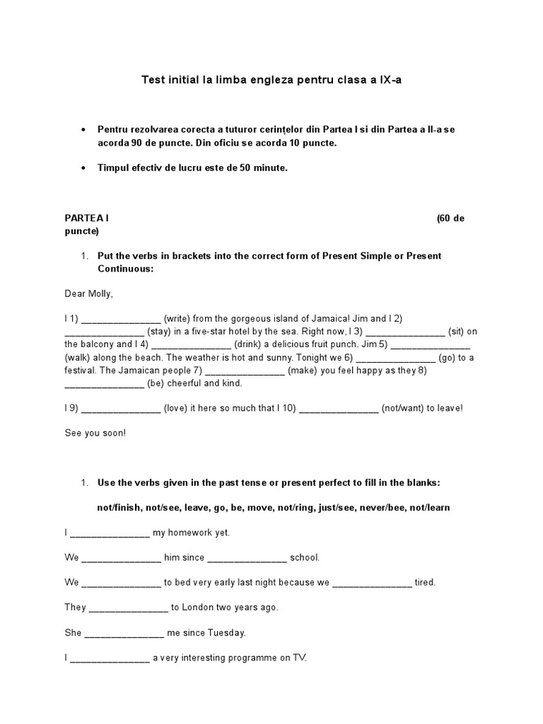 Test Initial La Limba Engleza Pentru Clasa A IX | PDF | Rules | Style ...