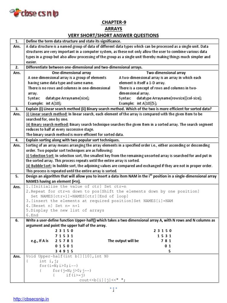 C Arrays Chapter 9 Class Xii Pdf Array Data Structure Matrix 6025