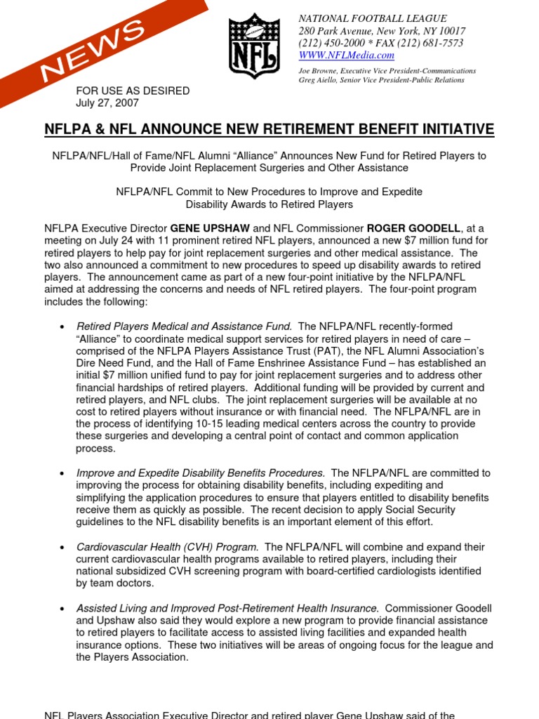 Nflpa & NFL Announce New Retirement Benefit Initiative | PDF ...