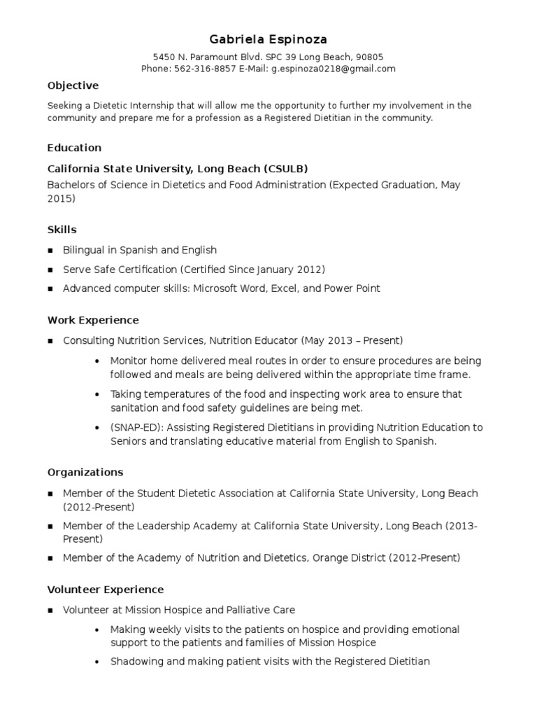 Dietetic Internship Resume - Gabriela Espinoza | PDF