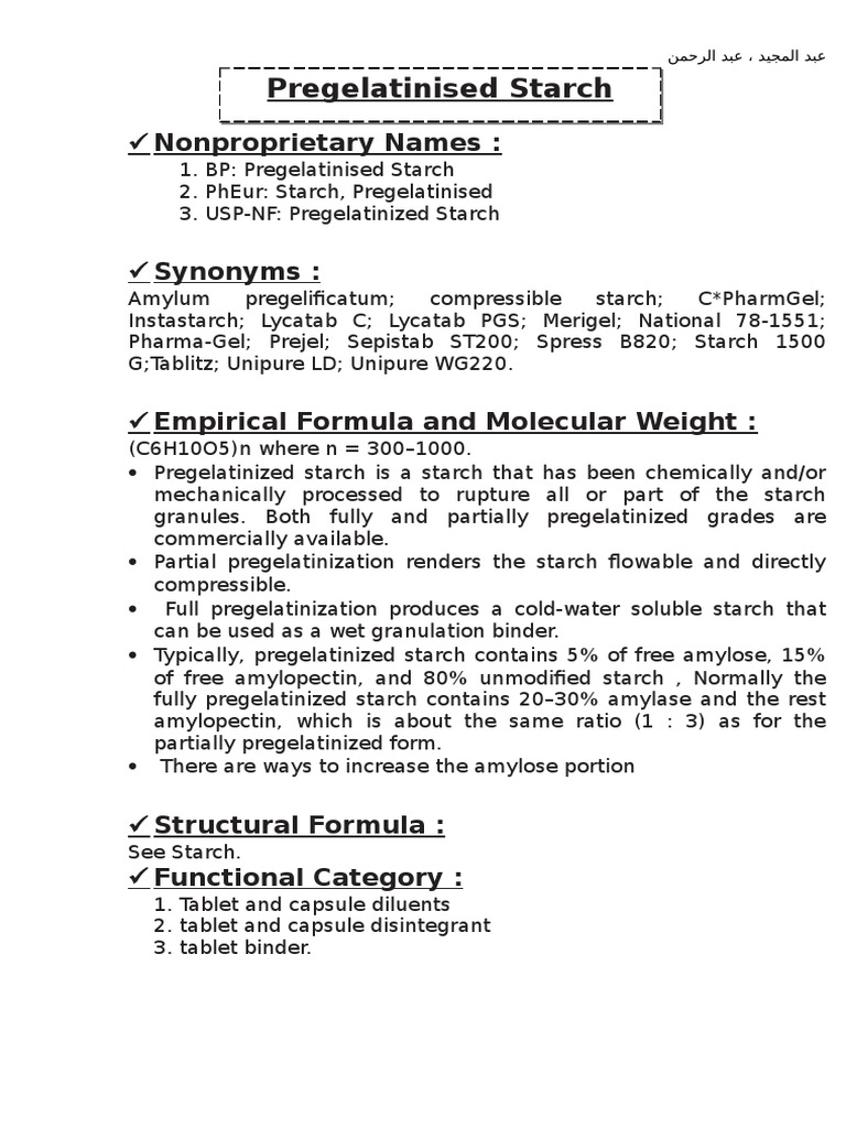 Pregelatinised Starch | PDF | Tablet (Pharmacy) | Starch