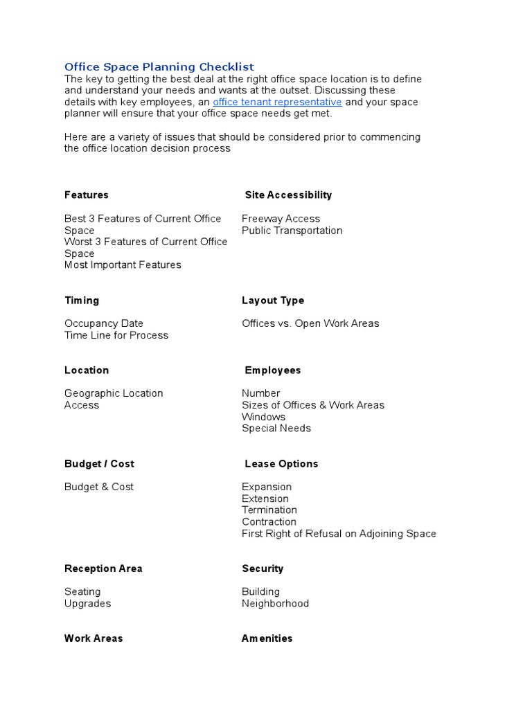 Office Space Planning Checklist | PDF | Lease | Business