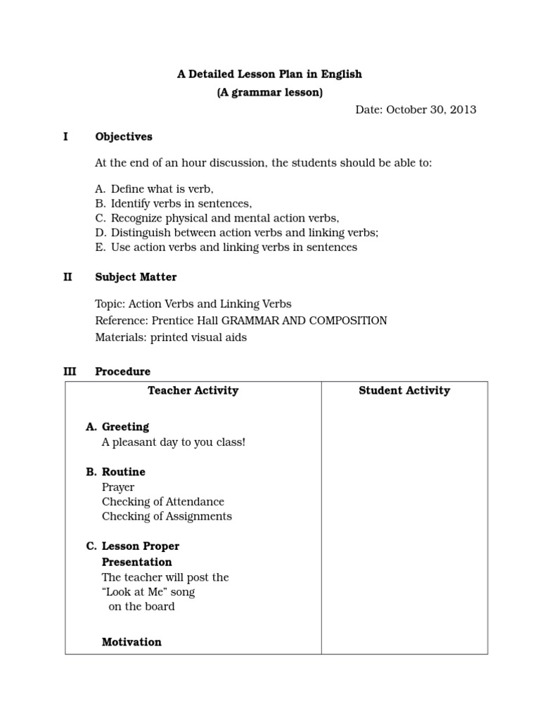 Sample English Lesson Plan | PDF | Verb | Lesson Plan